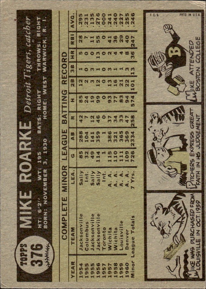 1961 TOPPS MIKE ROARKE 376 VG RS RC BASEBALL DETROIT TIGERS | eBay