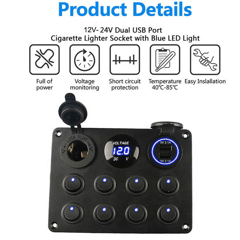 8 Gang 12V LED Light Switch Control Panel Camper Van RV Voltmeter 2 USB ...