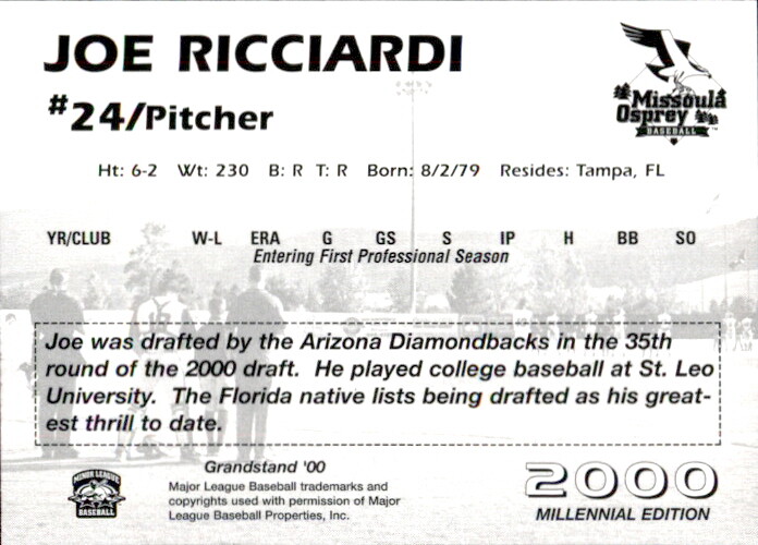 2000 Missoula Osprey Grandstand #23 Joe Ricciardi Tampa Florida FL ...
