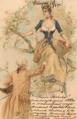 Romantic drawn couple woman picking apples chromo litho fantasy postcard 1900 | eBay