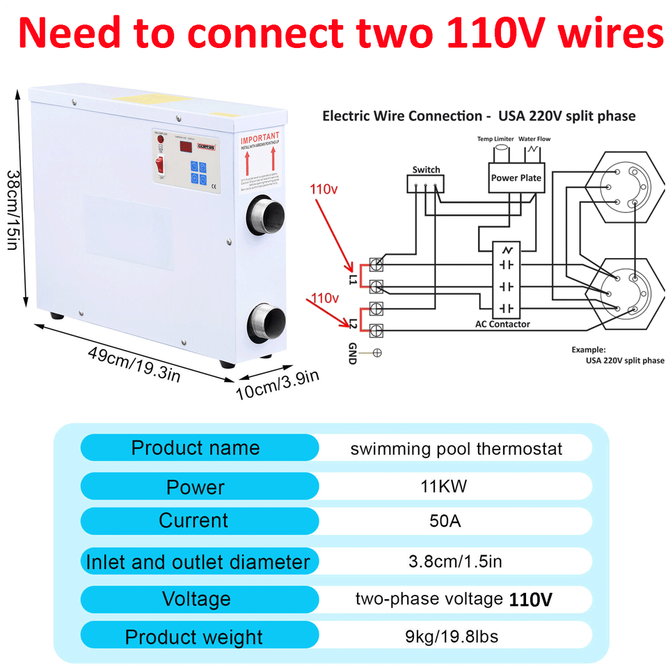 11KW 18KW Electric Swimming Pool Water Heater Thermostat Hot Tub 110V ...