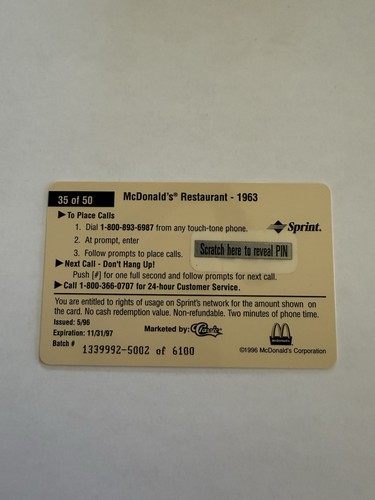 1996 Classic/Sprint McDonald's $2 Phone Card #35 of 50 Unscratched | eBay