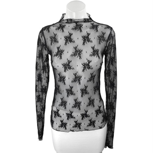 Free People Black Mesh Sheer Long Sleeve Mock Neck Floral Blouse Top ...