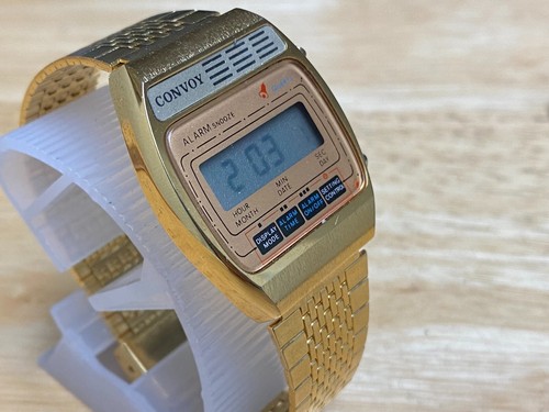 Unused Vintage Convoy Men Gold Tone Barrel Digital Quartz Alarm Watch ...