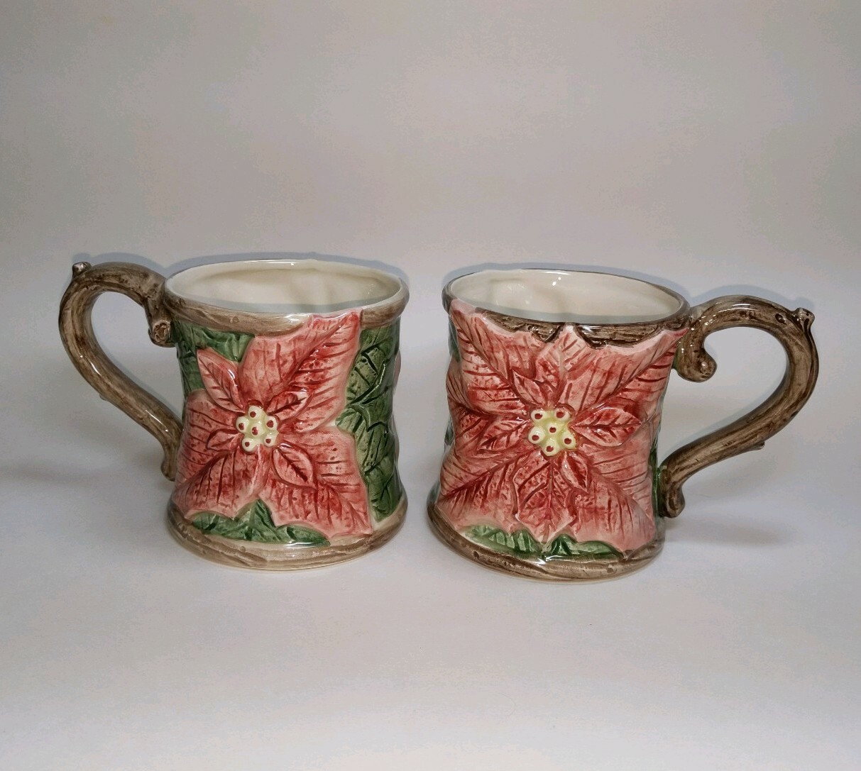 2 x Vintage OCI 3-D Ceramic Coffee Mugs poinsettias 1980's Handpainted ...