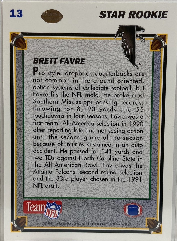 1991 Brett Favre Star Rookie Upper Deck Card #13 Atlanta Falcons 2nd ...