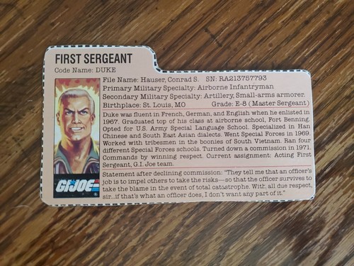 HASBRO VINTAGE GI JOE FIRST SERGEANT *DUKE-GEN. HAWKS BIO FILE CARD ...