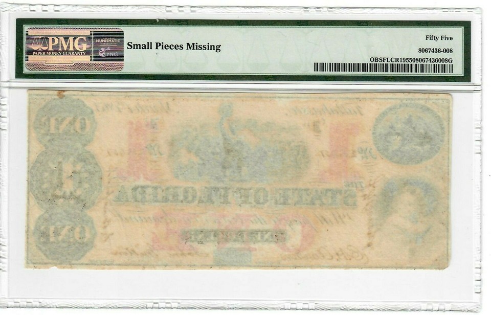 1863 $5 State Of Florida Tallahassee Note CURRENCY Paper Money FLCR19 ...