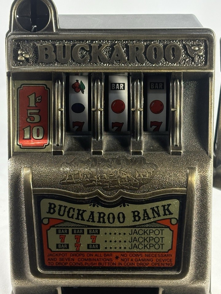 VTG Atlantic City Buckaroo Bank Novelty Coin Slot Machine Cast Metal ...