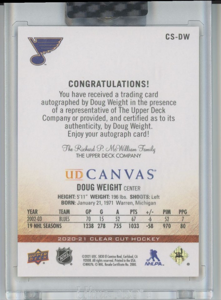 2021-22 UD Clear Cut Canvas Autograph Doug Weight Auto 22/93 St. Louis ...
