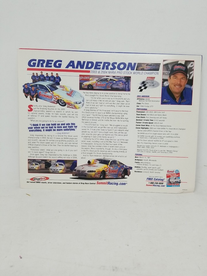 Greg Anderson TEAM SUMMIT PRO STOCK 2004 GTO PRESS PASS signed NHRA ...