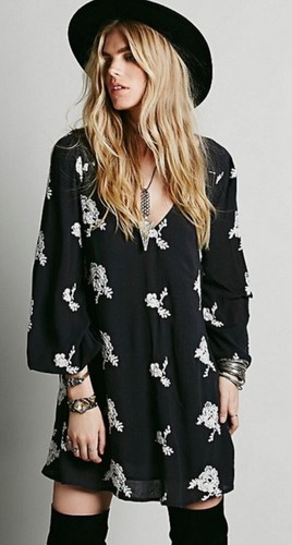 Free People Emma Austin Floral Embroidered Tunic Dress Black Swing ...