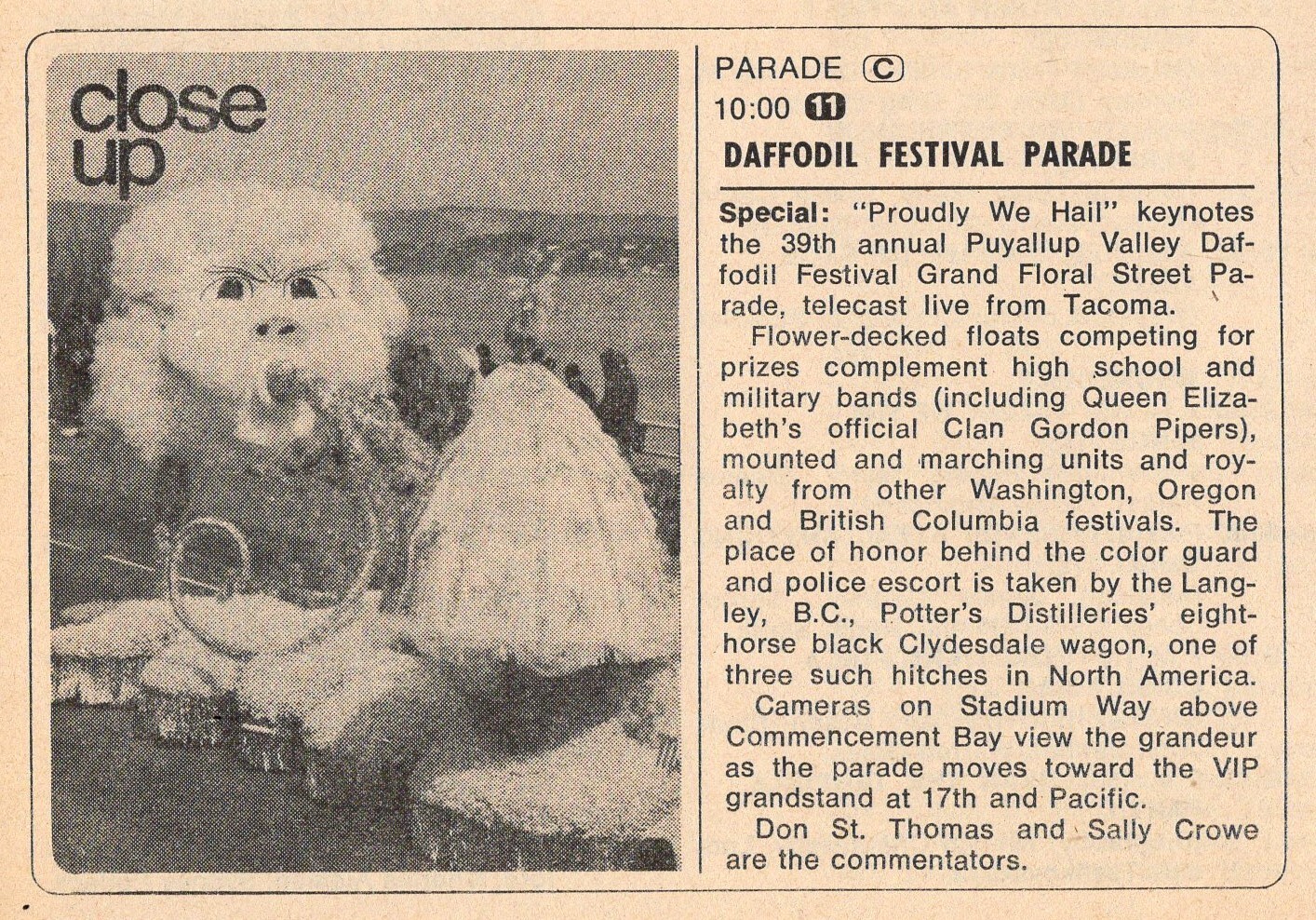 1972 TV AD's / PUYALLUP,WASHINGTON DAFFODIL PARADE SALLY CROWE & DON ST ...