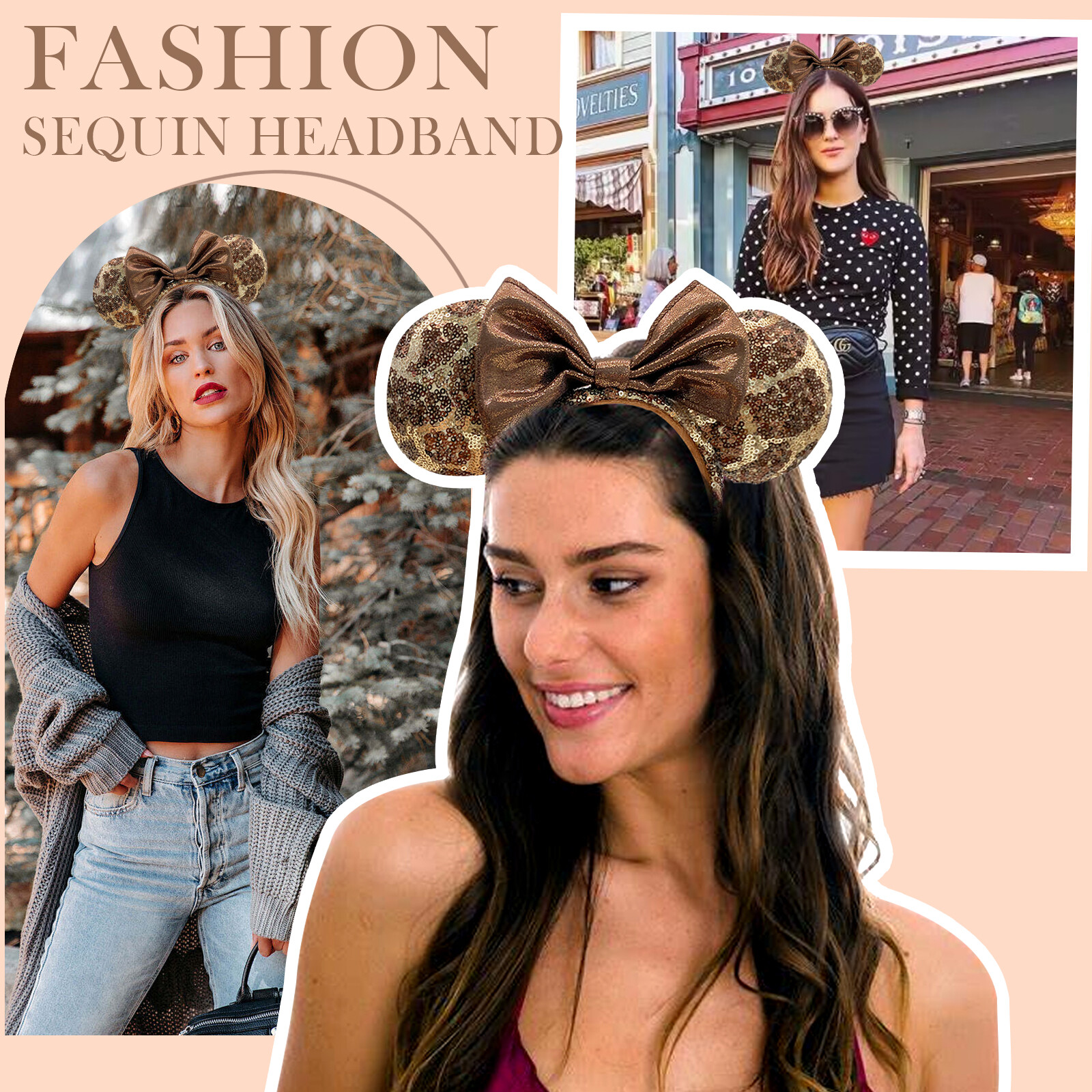 Disney- Parks Animal Kingdom Giraffe Print Sequin Brown Minnie Ears Bow Headband | eBay