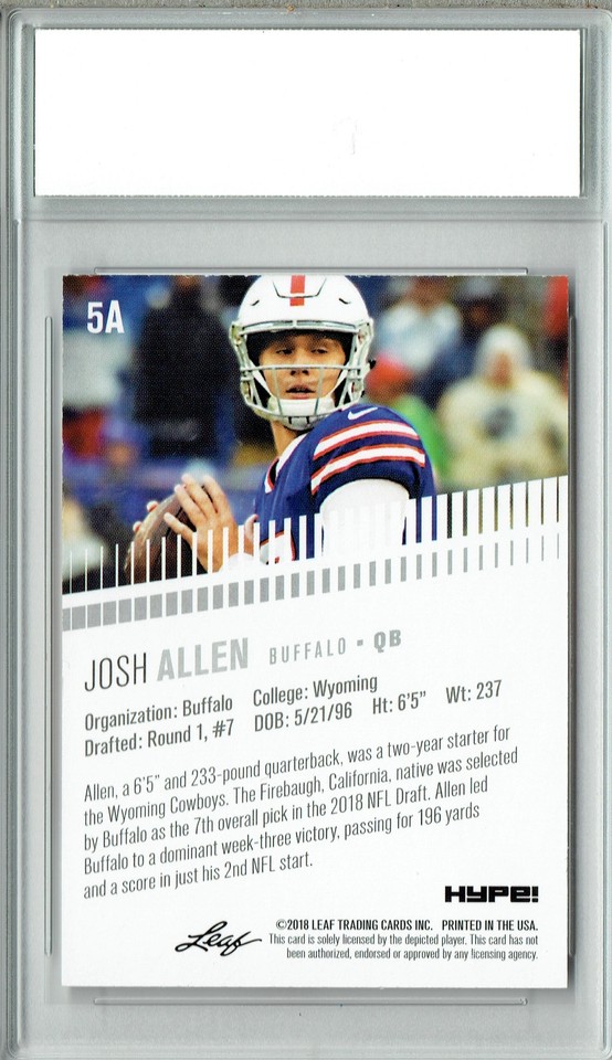 Josh Allen 2018 Leaf HYPE! #5A Just 5000 Ever Made Rookie Card PGI 10 ...
