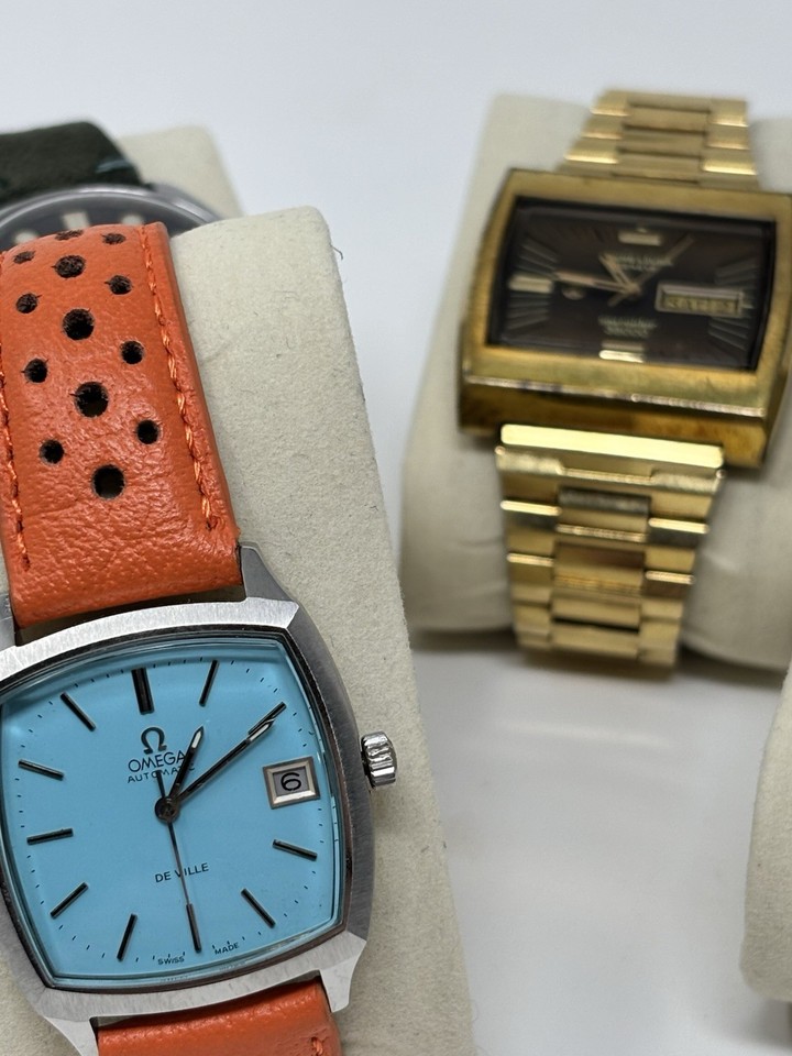 Omega DeVille Automatic Square Watch with Date, Orange Leather Strap | eBay