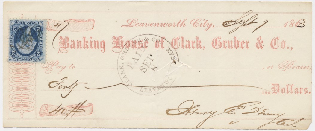 1863 LEAVENWORTH Kansas CHECK 💲 Banking House of CLARK, GRUBER & Co. | eBay