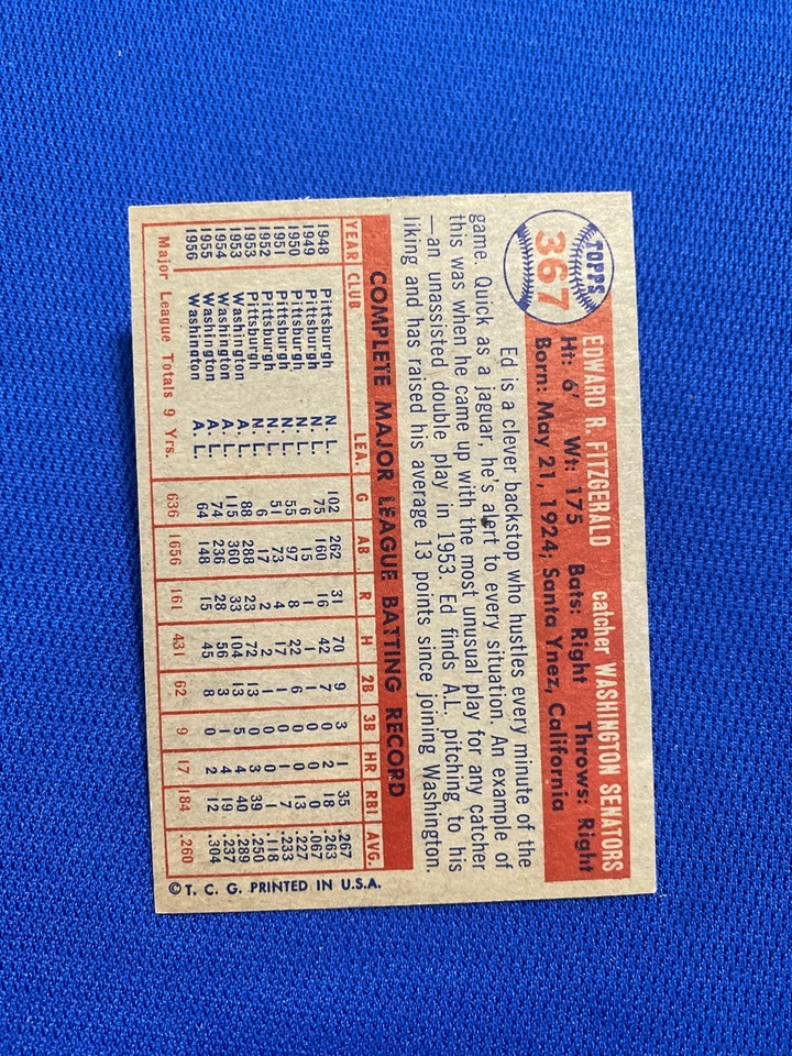 1957 TOPPS ED FITZGERALD WASHINGTON SENATORS #367 CARD VINTAGE SET ...