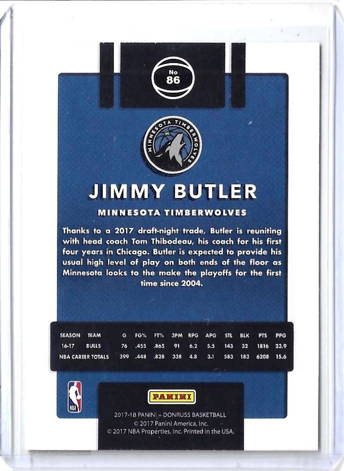 2017-18 Panini Donruss Basketball Jimmy Butler Card #86 Minnesota ...