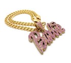 Women Gold Plated Pink Barbie Iced Cubic Zirconia Charm & Cuban Chain ...