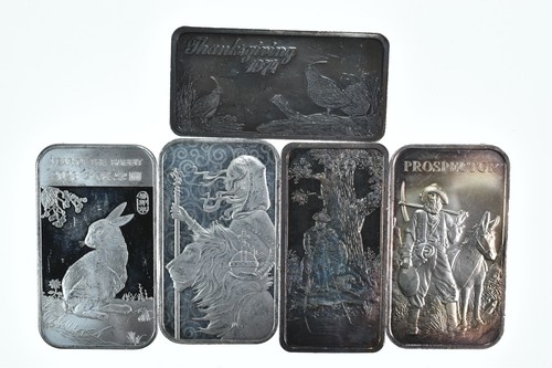 Lot 5 VINTAGE 1 Oz Silver Bars/Rounds Art Bars Collection Poured .999 * ...