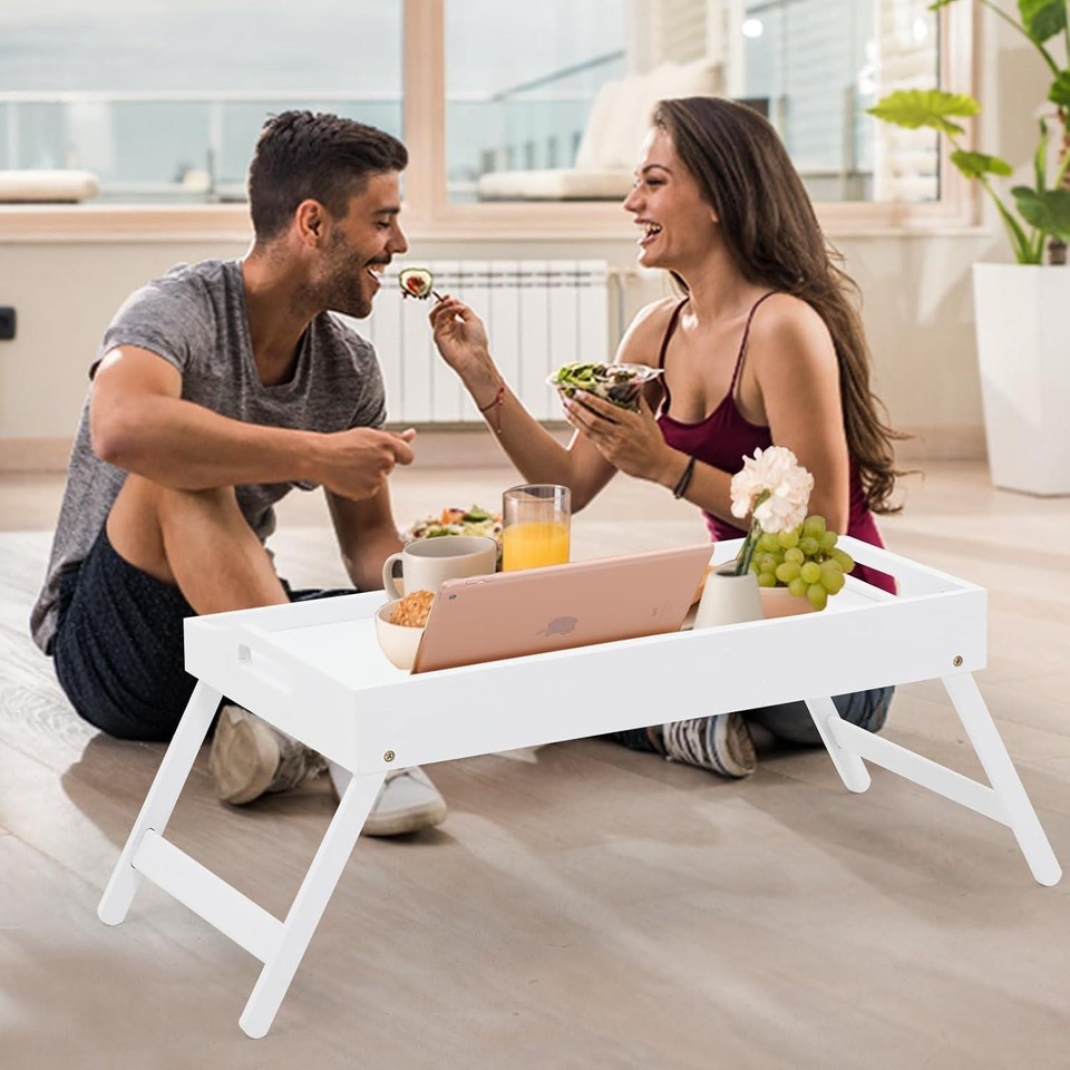 Bamboo Wooden Bed Tray With Folding Legs Serving Breakfast Lap Table White | eBay UK