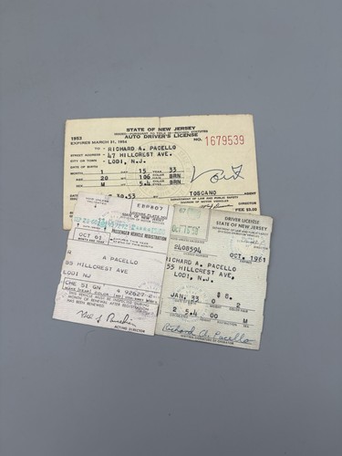 Vintage 1953 1961 NJ Car Vehicle Registration & Drivers License Lodi ...