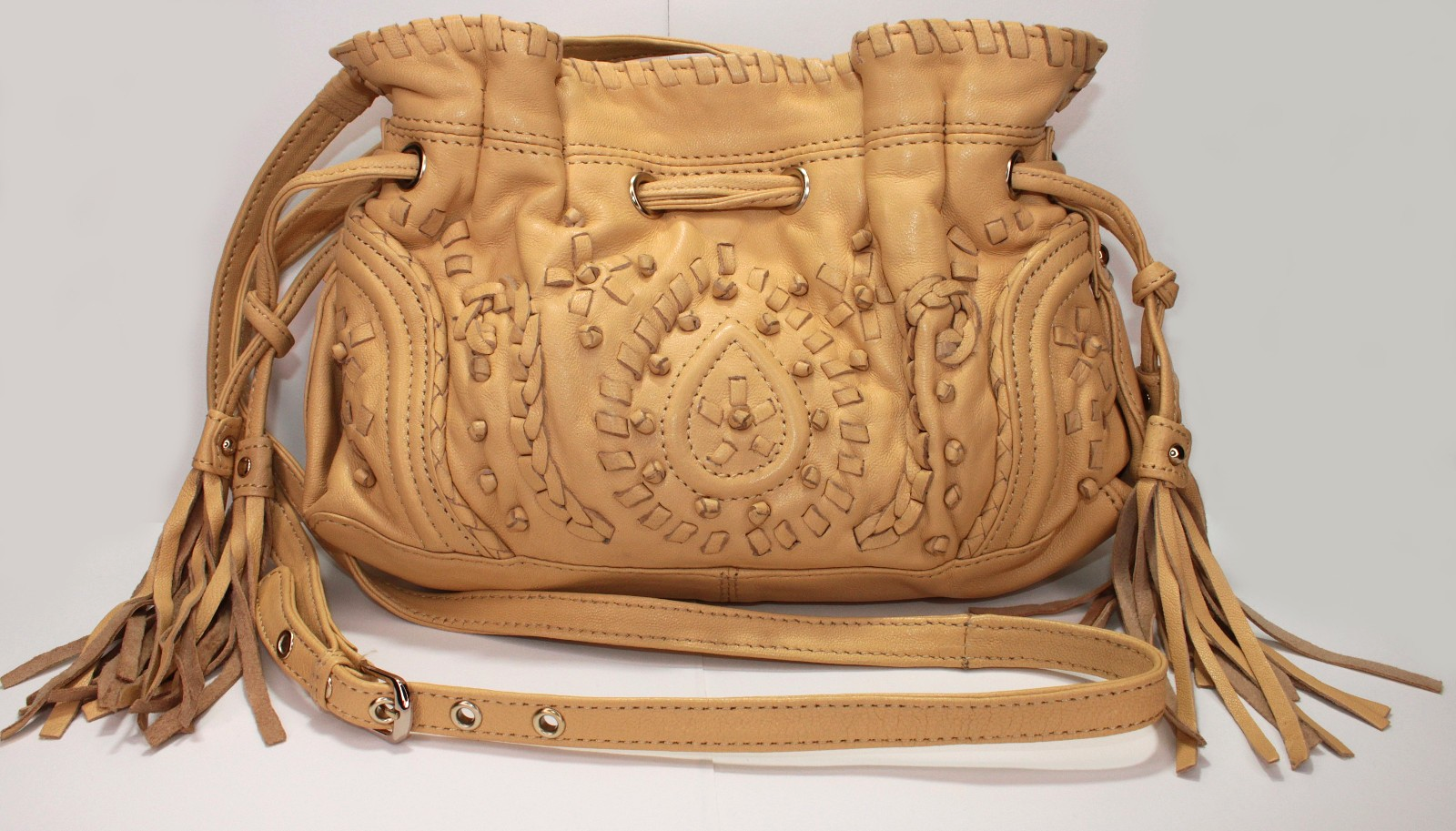 Junior Drake Mini Embroidered Leather Crossbody Bag in Tan | eBay