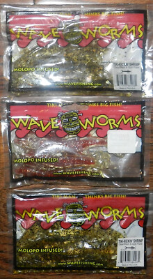3 Packs-Wave Worms 4" Tiki Kickin Tail Shrimp Flounder lures Fluke ...