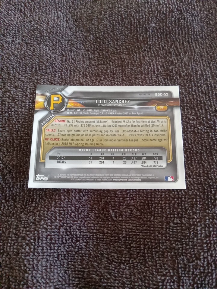 2018 Bowman Chrome Lolo Sanchez Pittsburgh Pirates Refractor Card BDC ...