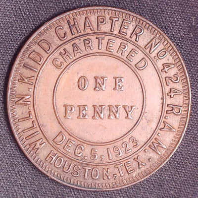 Will. N. Kidd Chapter No 424 Masonic Penny Token Houston Texas | eBay
