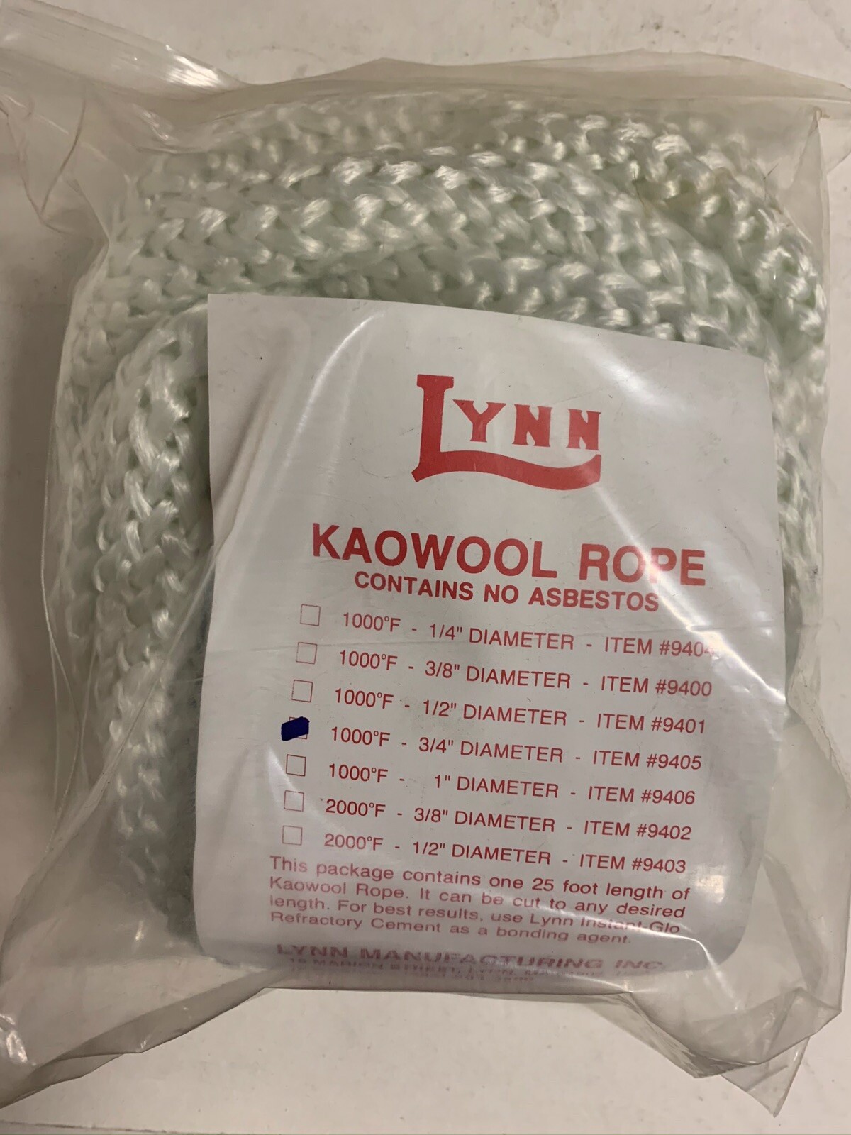 Lynn 9405 3/4" x 25' Kaowool Gasket Rope (no Asbestos) (1000 degree) | eBay