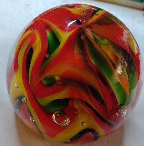 Art Glass Paperweight Red Swirls Hand Blown Large Ball Globe Orb | eBay