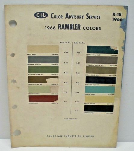 1966 AMERICAN MOTORS OF CANADA RAMBLER CAR COLOR C-I-L PAINT CHIP CHART ...