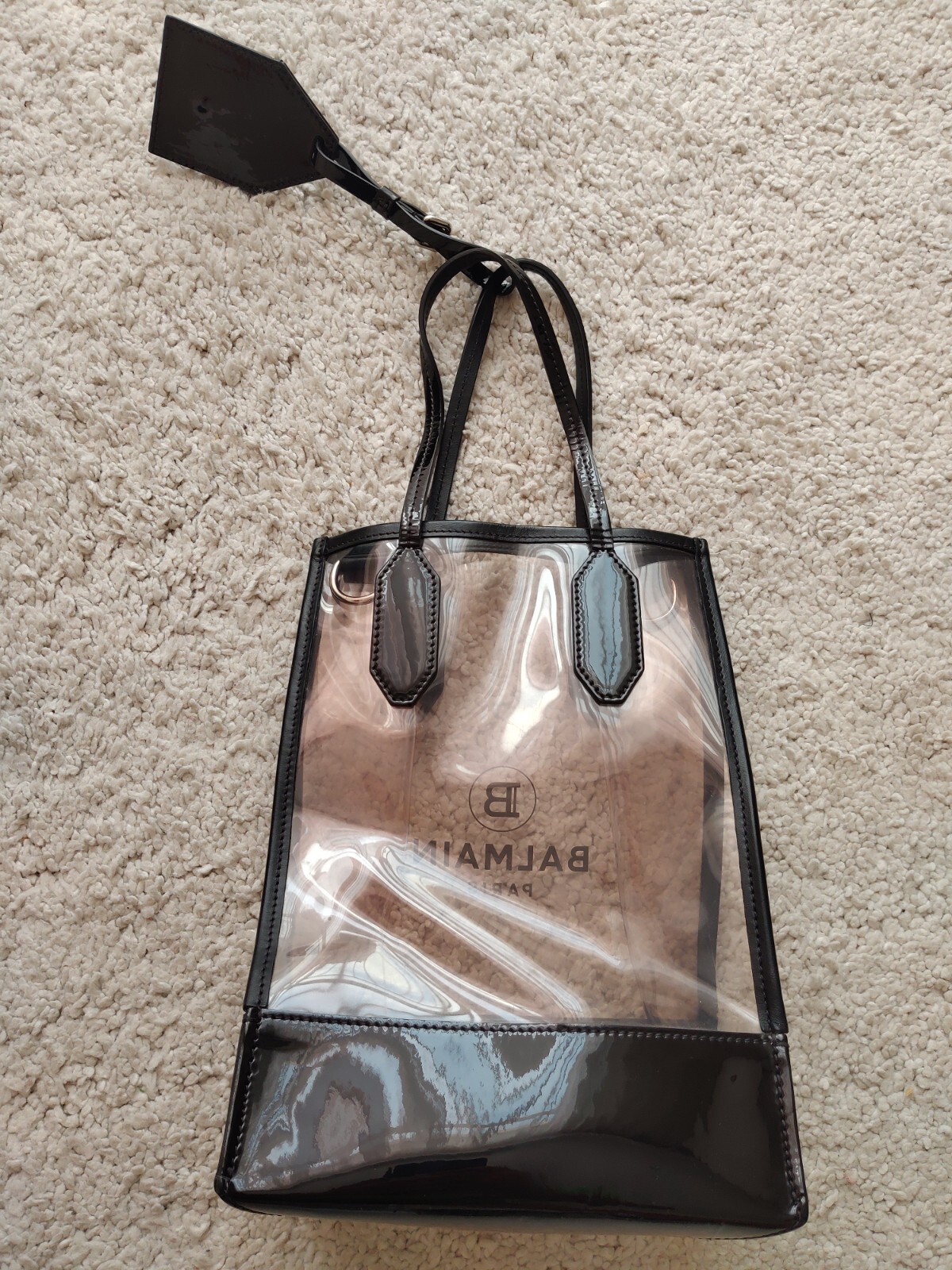 BALMAIN Transparent Print Logo Small Tote PVC Clear Black Leather ...