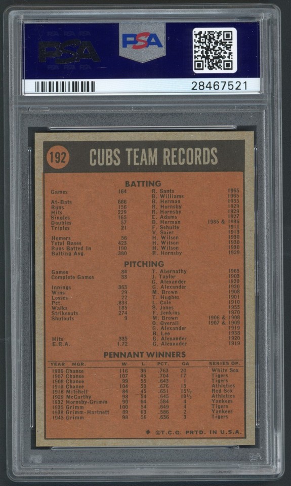 1972 Topps Chicago Cubs Team Card #192 PSA 9 MINT | eBay