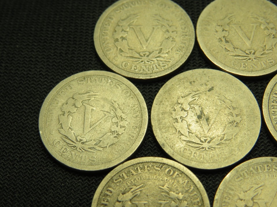 1890 to 1899 10 different Liberty V Nickels w/ 1890 1891 1892 1893 1894 ...