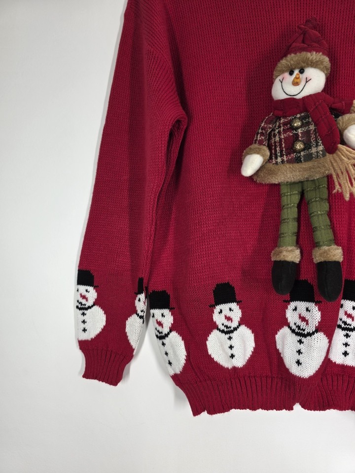 Christmas Jumper Sweater Pullover Size M/L Red Padded Snowman Character ...