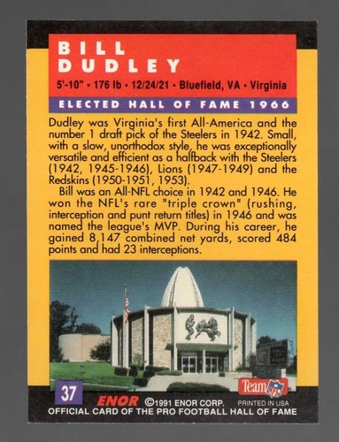 1991 Enor Pro Football Hall of Fame - #37 Bill Dudley for sale online ...