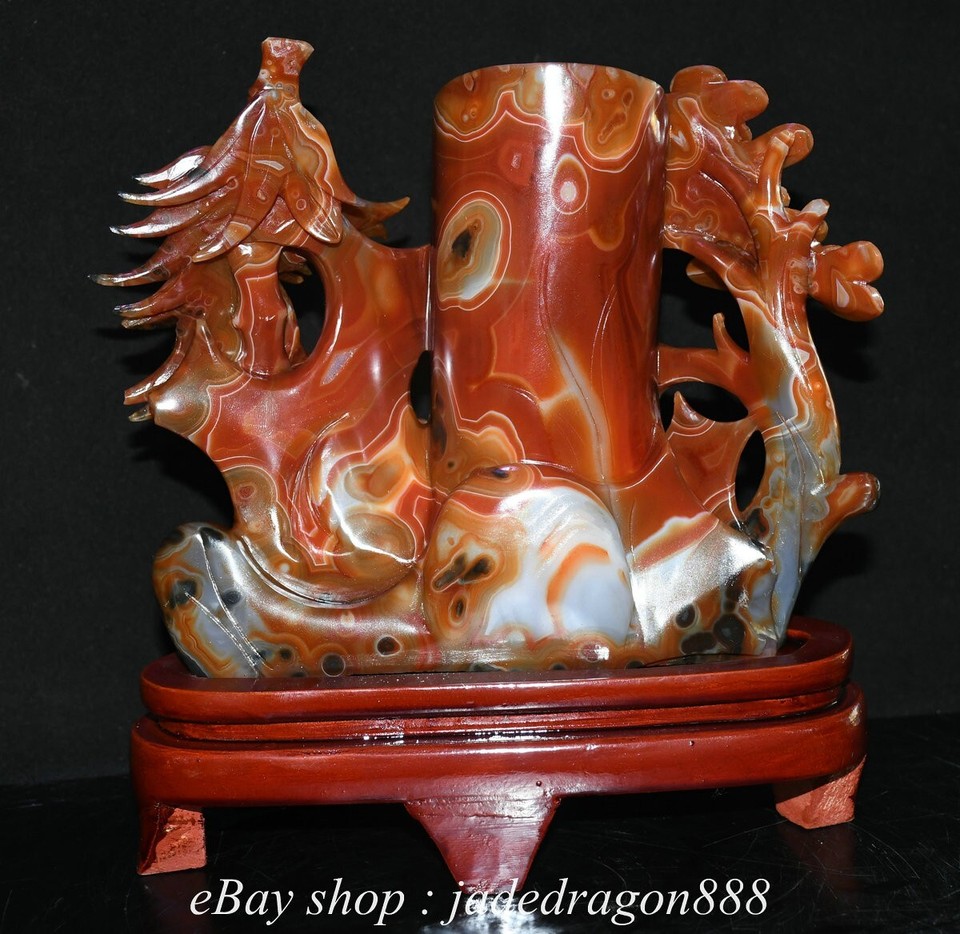 9.2" China Marked Red White Agate Carving Pine Tree Bamboo Brush Pot ...