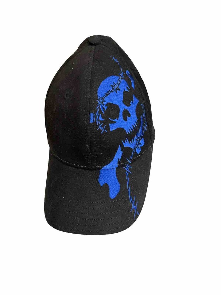 Skull Bones Black Hat Ball Cap Cobalt Blue Embroidered Goth Barb Wire ...