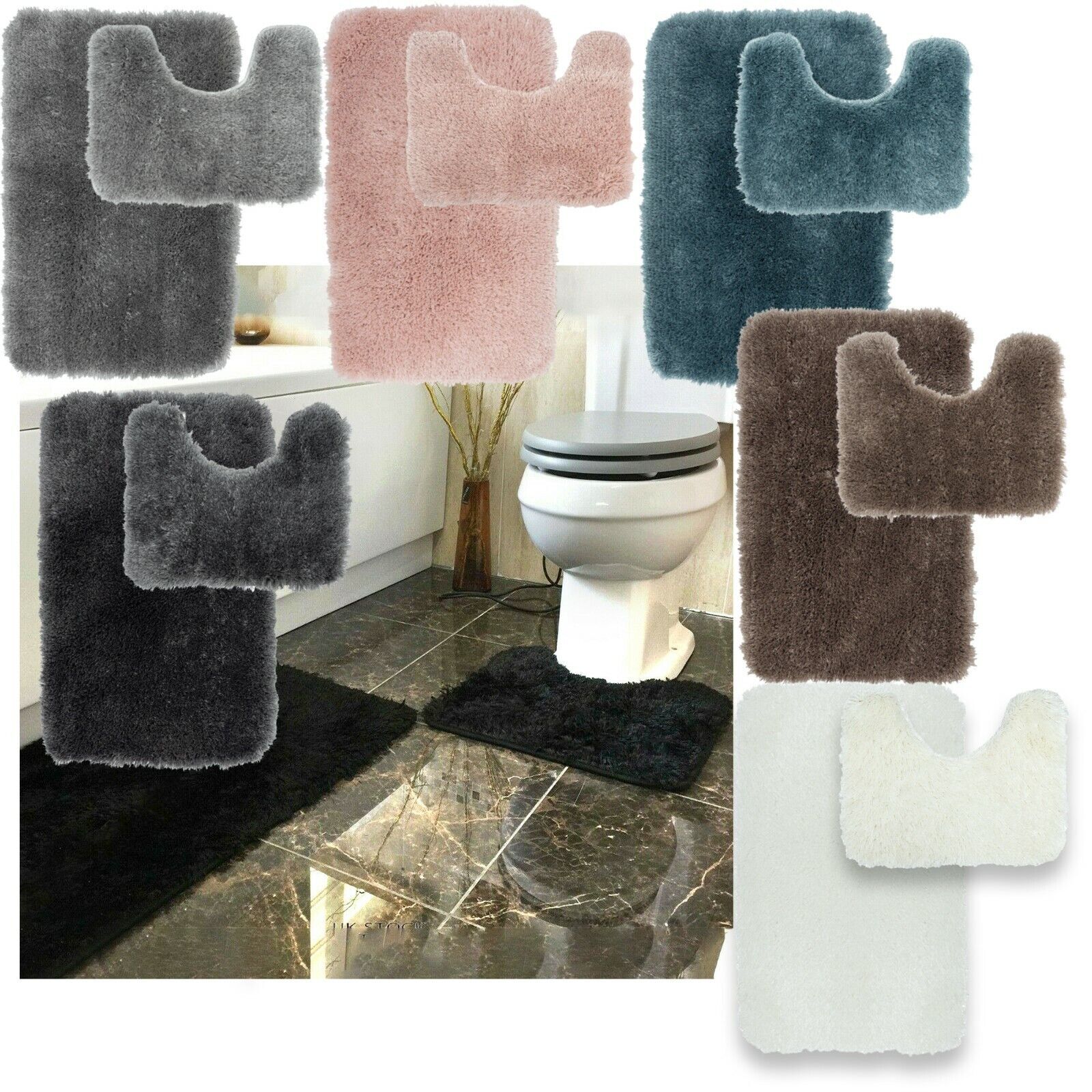SOFT fluffy BATH MAT SET Non Slip Pedestal Mat for Toilet, Bathroom ...
