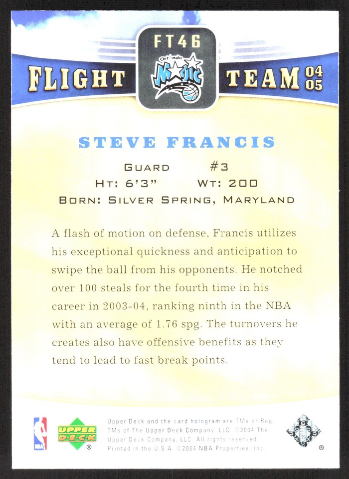 Steve Francis 2004 Upper Deck Flight Team Card #FT46 | eBay