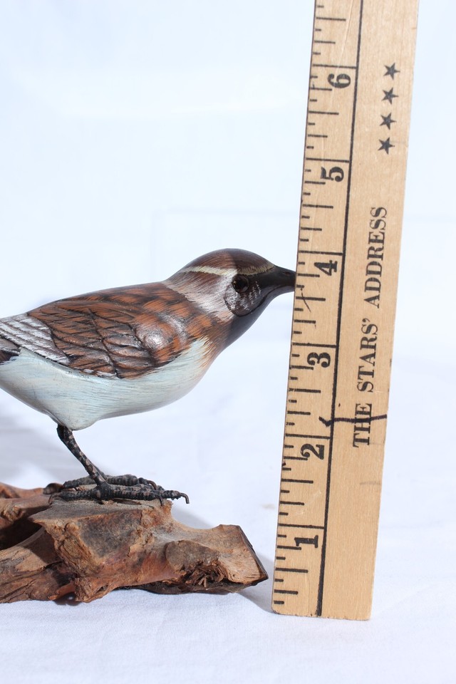 Wood Carved Hand Painted Sparrow Bird Figurine Perched On Wood Base 4 ...