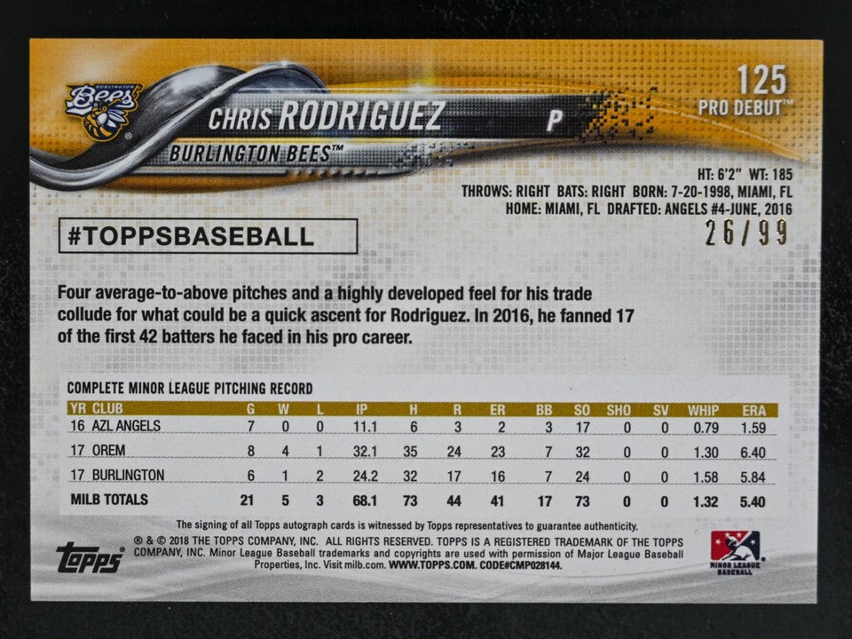 2018 Topps Pro Debut #125 Chris Rodriguez /99 Auto Green Burlington ...