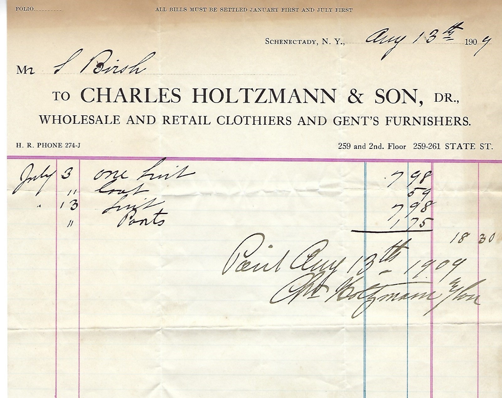 1909 Billhead Charles Holtzmann Schenectady New York Clothier Gent's ...