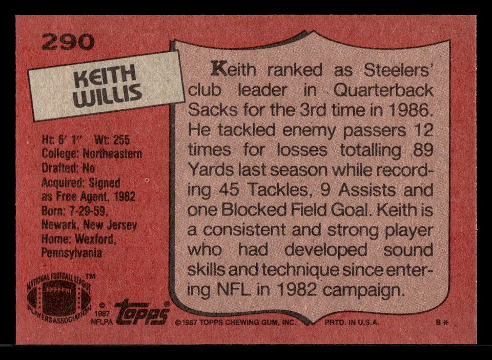 Keith Willis 1987 Topps #290 Pittsburgh Steelers | eBay