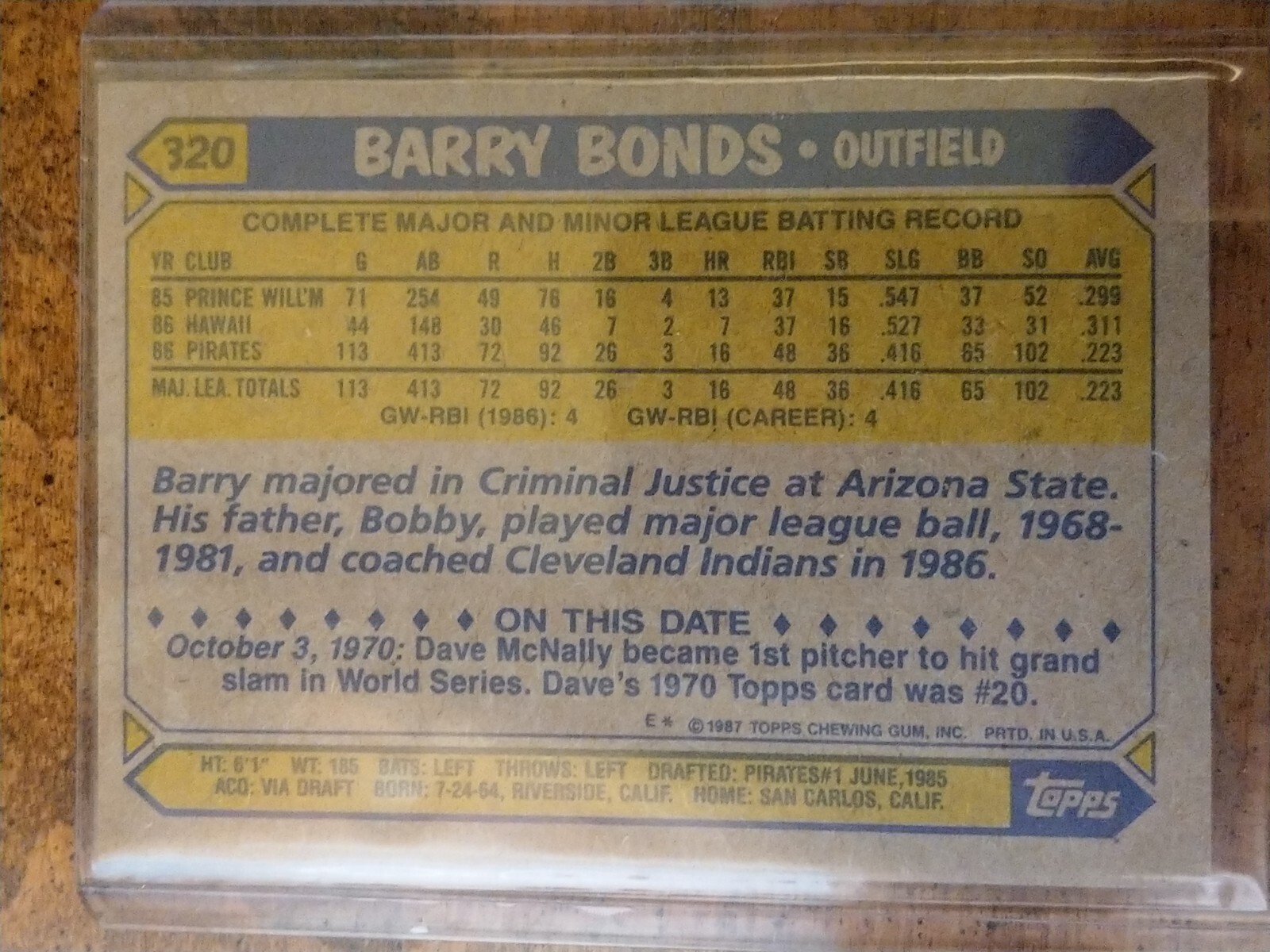 Barry Bonds Rookie Card 1987 Topps #320 ~18+ Errors~ Purple Elbow. RARE ...