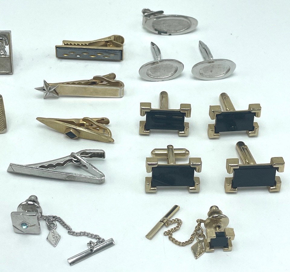 Vintage lot 25pc CuffLinks Tie tack clip Set Gold and silver tone Sarah ...