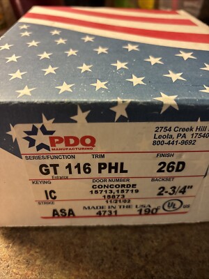 PDQ GT 116 PHL-26D-234-ASA IC 4731 Heavy Duty Grade 1 Cylindrical Lock ...
